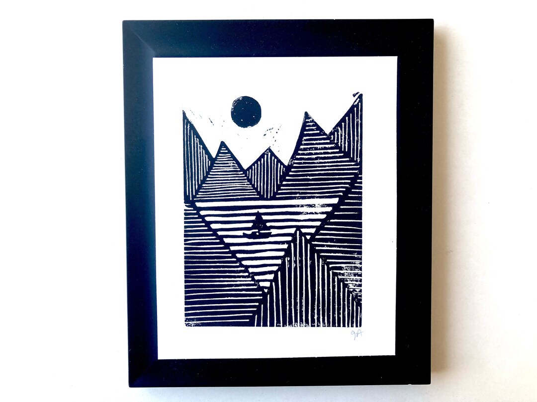 Sailboat on the Lake - Sunset on the Mountains Landscape Linoleum Block ...