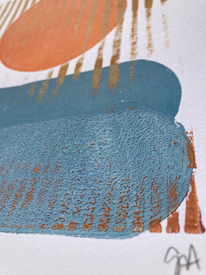 Abstract Landscape Monoprint of the Sun and Ocean in Orange and Blue ...