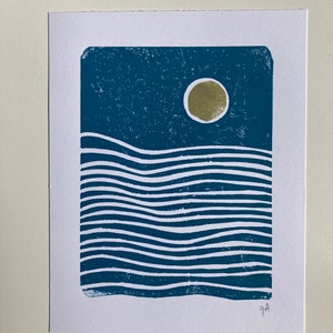 Sunset on the Ocean at Night - Blue and Gold Relief Print - 8x10 Minimal Sea - Ocean Block Print ...