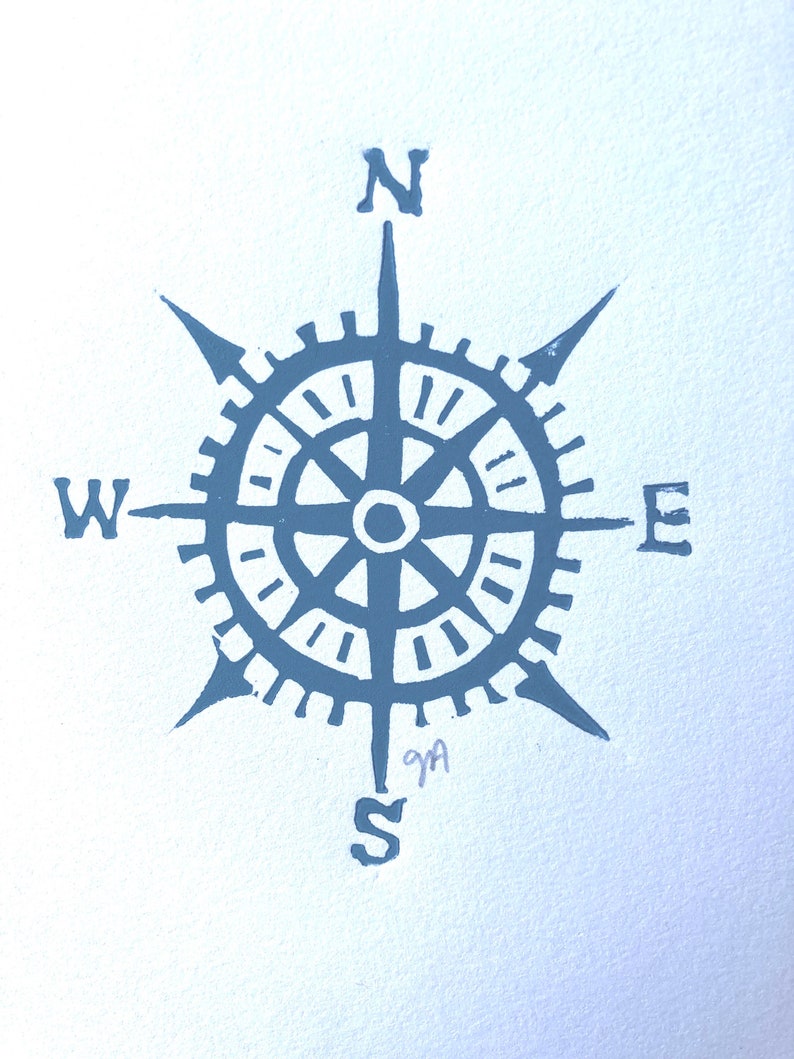 Nautical Compass Linocut Print - 8x10 Hand Pulled Minimal Maritime ...
