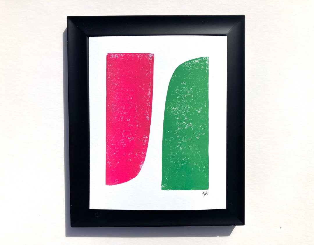 Minimal Mid Century Modern Linocut Relief Print in Hot Pink and Forest ...