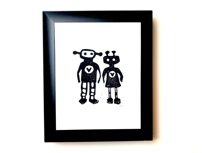 Robots in Love - Sweet Minimal Hand-pressed Linocut Print - Anniversary ...