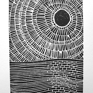 Sunset on the Ocean - Hand-pressed Linocut Print - 8x10 Minimal Textured Poster- Metallic Gold ...