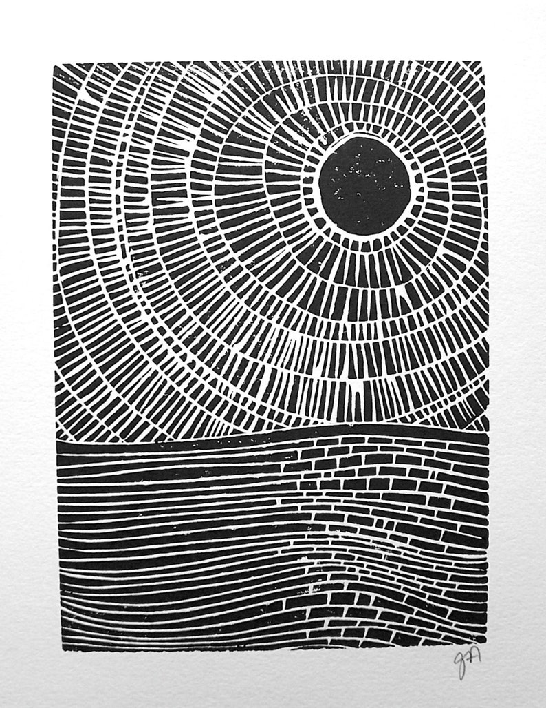 The Ocean at Night - Sky on the Ocean Linocut Print 8x10 Minimal ...