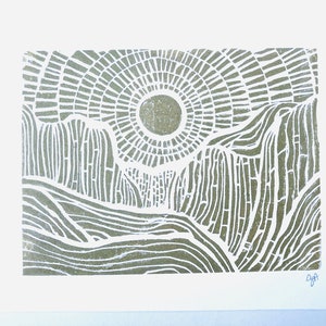 Golden Sunset, Mountains, Waterfall - Hand-pressed Linocut Print - 8x10 Travel Poster - National ...