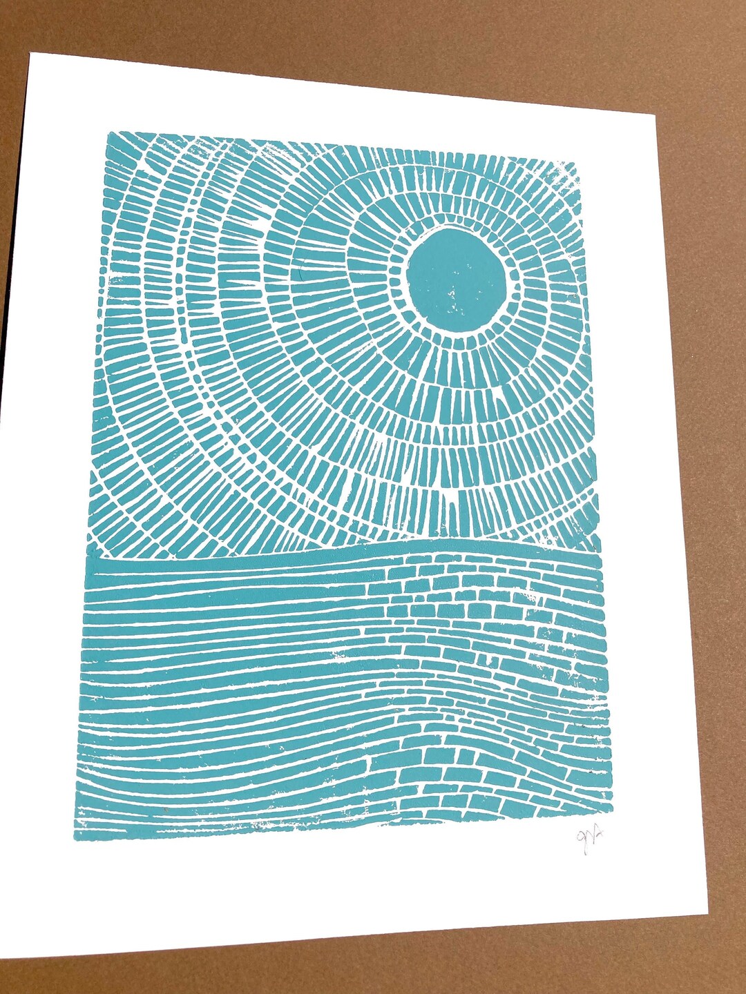 Blue Sky on the Ocean Linocut Relief Print 8x10 Minimal Textured ...