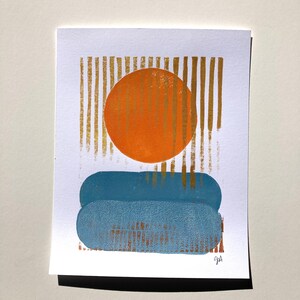 Abstract Landscape Monoprint of the Sun and Ocean in Orange and Blue ...