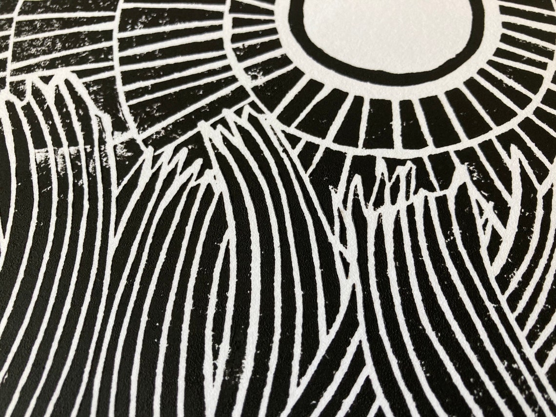 Grass Field Under a Hot Sun - Linocut Relief Print in Black and White ...