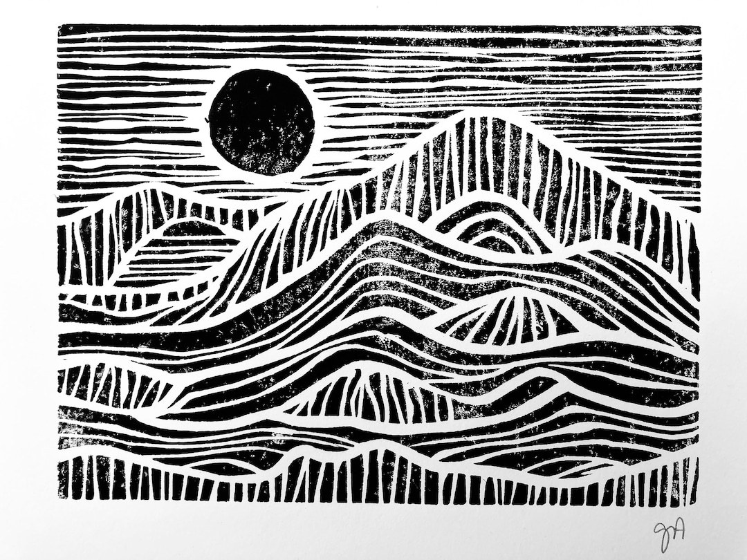 Linoleum Block Print - Sunrise on the Mountains - Minimal Black 8x10 Geometric Scandinavian ...