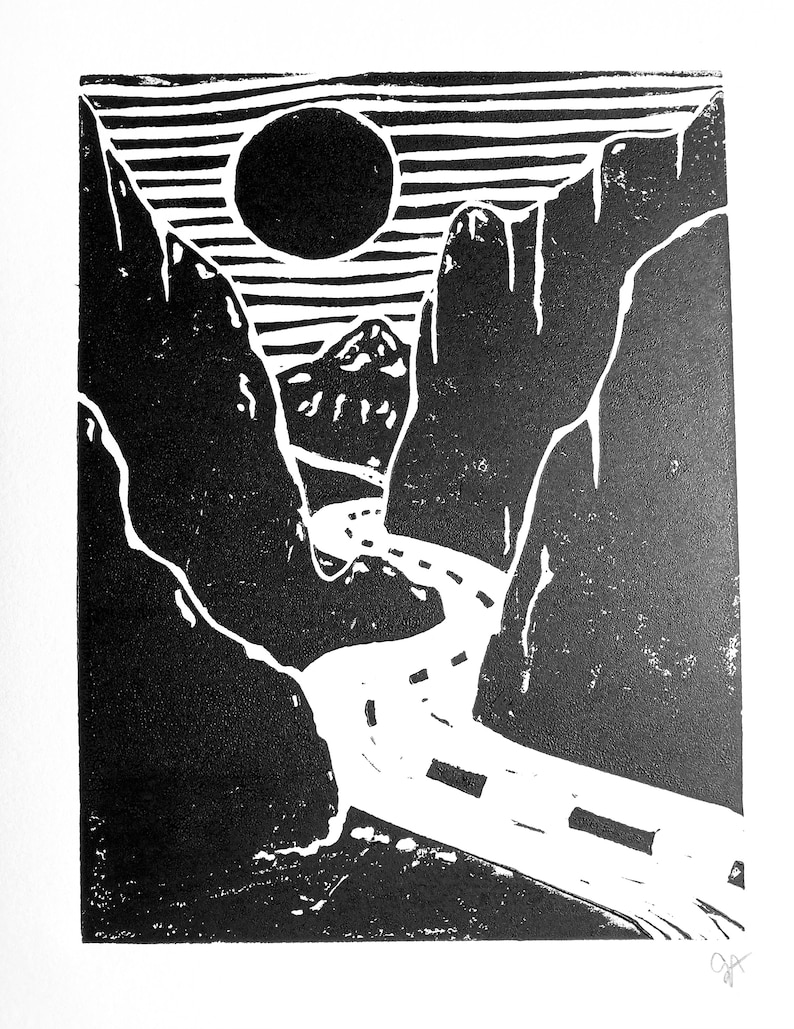 Road Trip Through the Mountains - Hand-pressed Linocut Relief Print ...