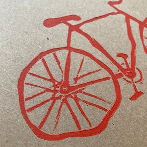 Linocut Print on Chipboard - Light Red Bicycle Relief Print on Thick ...