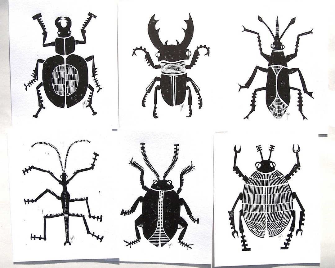 3 LINOCUT PRINTS Set of 3 Block Print Insects 8x10 Bugs Entomology ...
