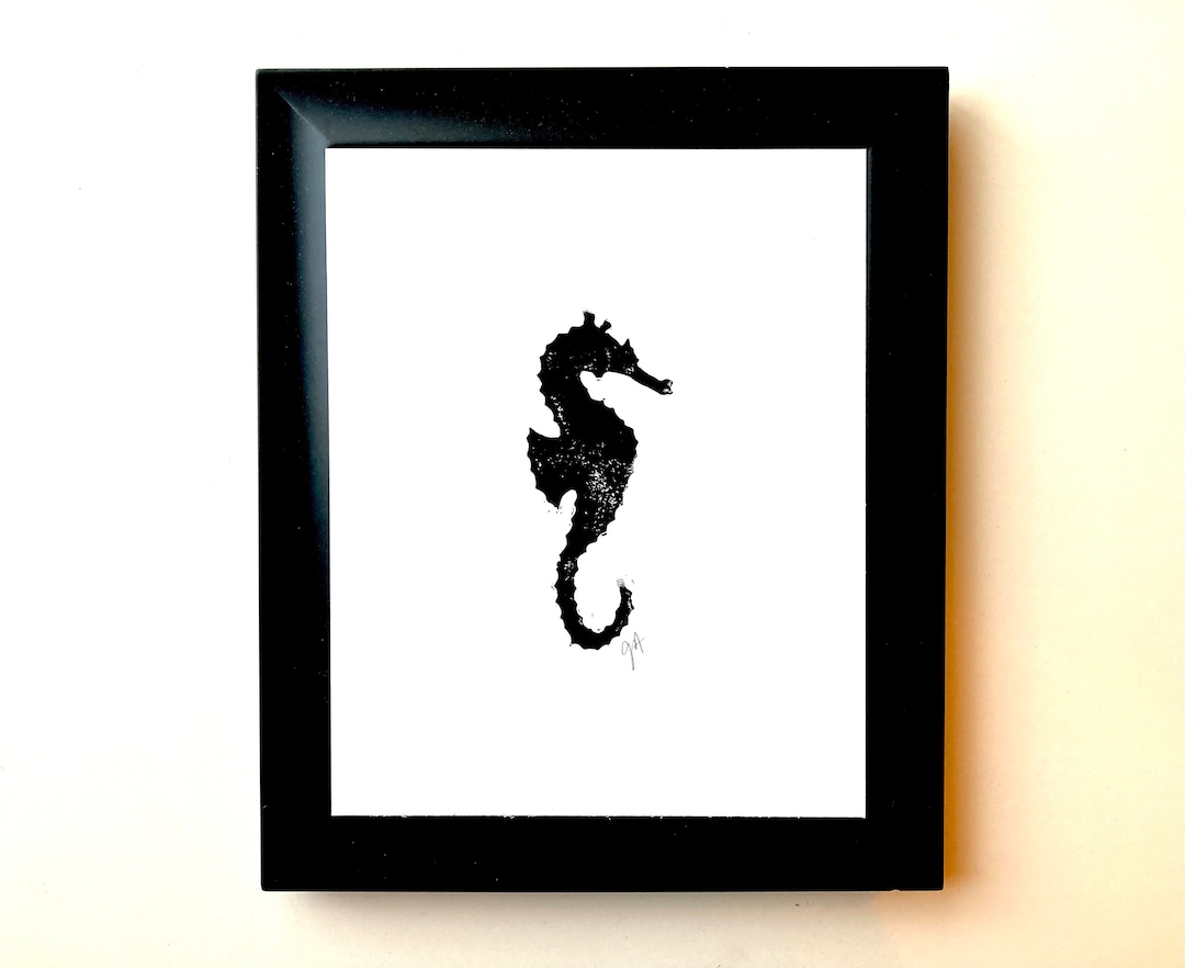 Minimal Black Seahorse Silhouette Linocut Print - Linoleum Block Relief ...