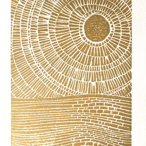 Sunset on the Ocean - Hand-pressed Linocut Print - 8x10 Minimal Textured Poster- Metallic Gold ...