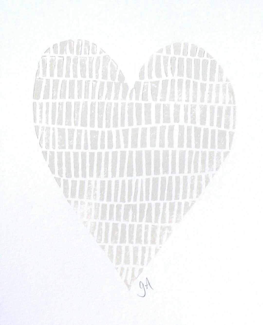 Heart - I Love You - Linocut Heart Block Print - Light Metallic Silver ...