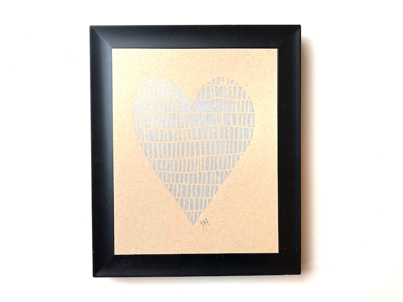 Metallic Silver Heart Print on Kraft Paper - Linocut Print - Minimal ...