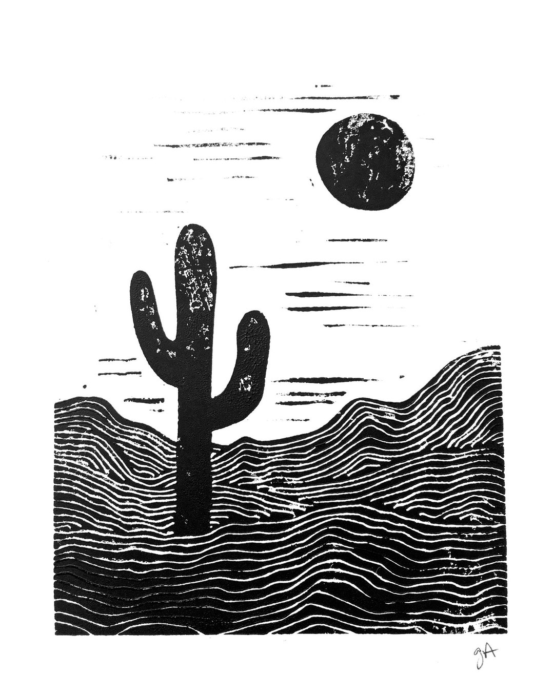 Saguaro Cactus - Arizona Sonoran Desert - Hand-pressed Linoleum Block ...