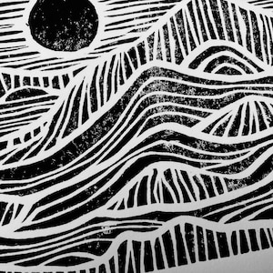 Linoleum Block Print - Sunrise on the Mountains - Minimal Black 8x10 ...