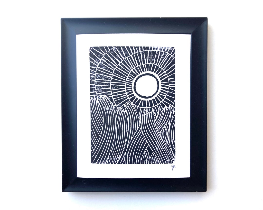 Grass Field Under a Hot Sun - Linocut Relief Print in Black and White ...