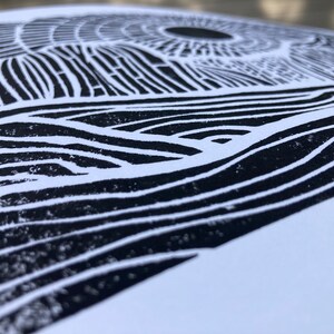 Sunset on the Mountains and Sea - Hand-pressed Linocut Print - 8x10 Travel Poster - National ...