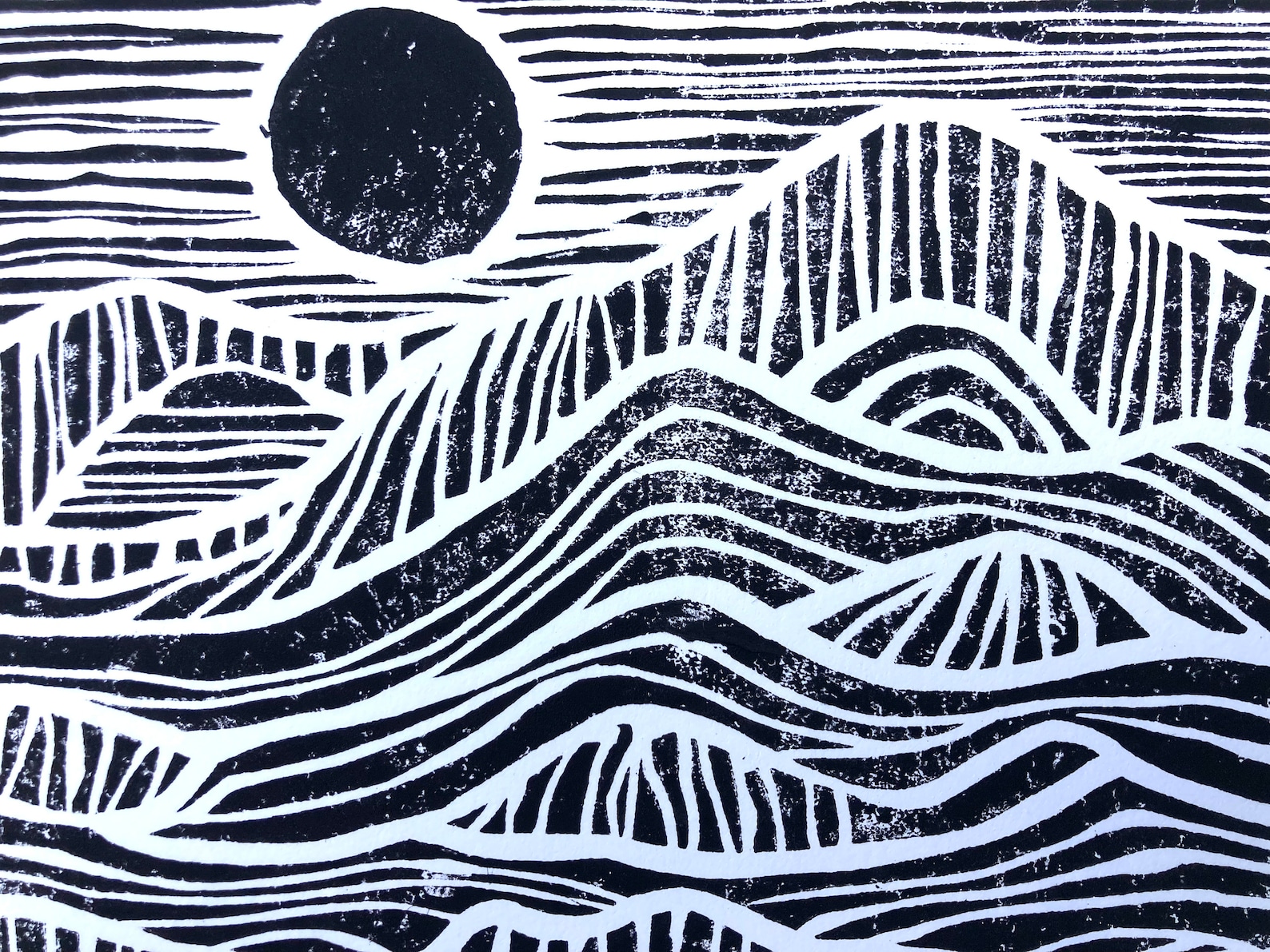 Linoleum Block Print - Sunrise on the Mountains - Minimal Black 8x10 ...