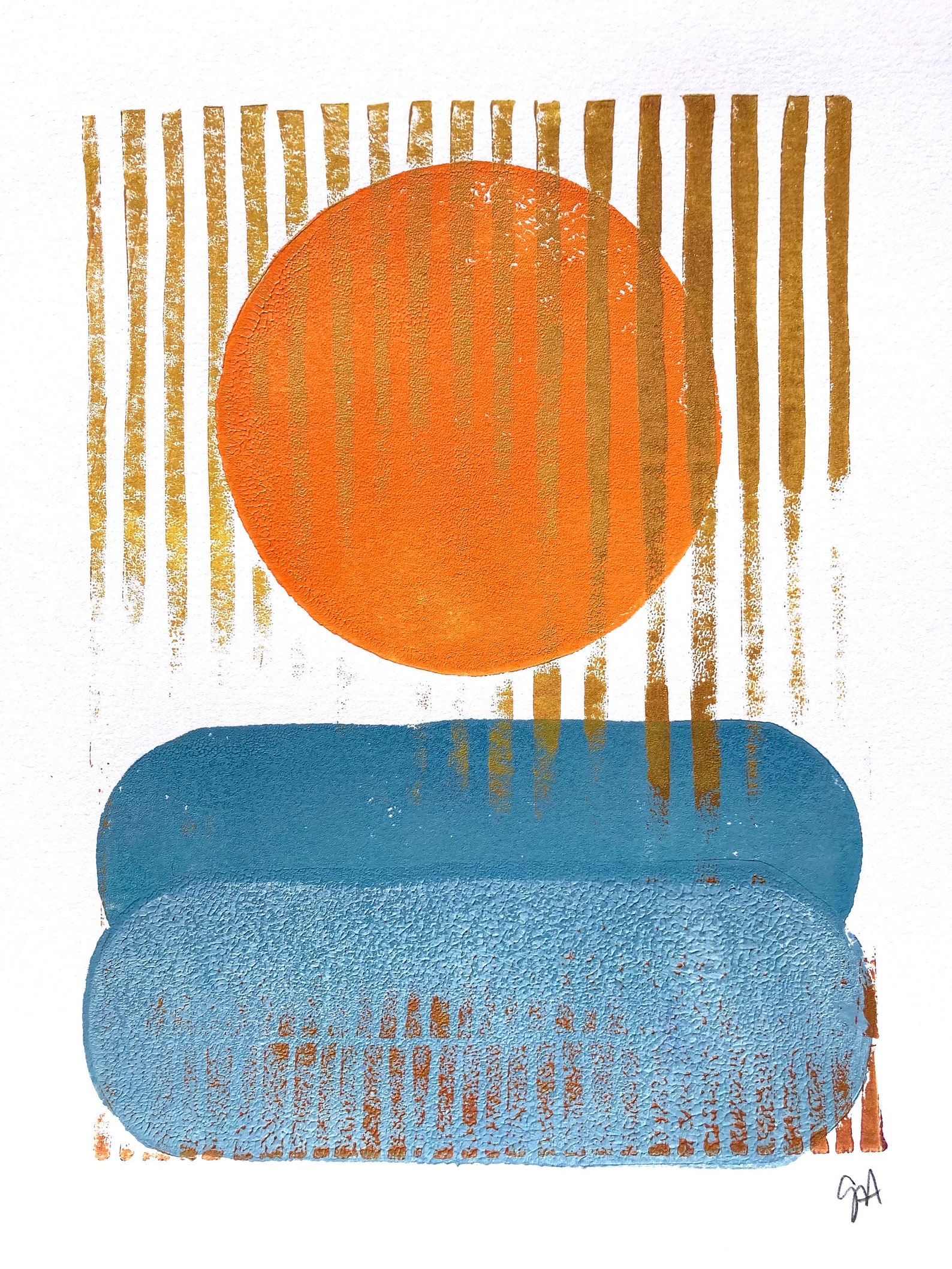 Abstract Landscape Monoprint of the Sun and Ocean in Orange and Blue ...