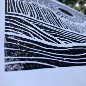 Sunset on the Mountains and Sea - Hand-pressed Linocut Print - 8x10 Travel Poster - National ...