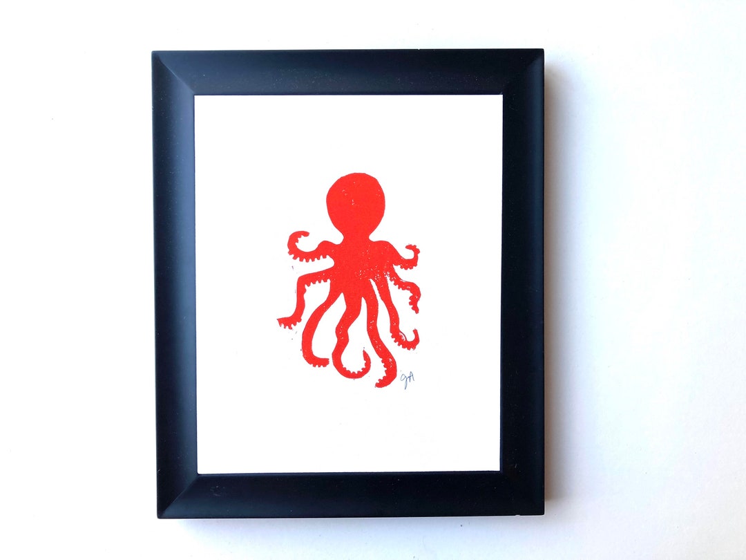 Minimal Red Octopus Hand Pressed Linocut Poster 8x10 Nautical Marine ...