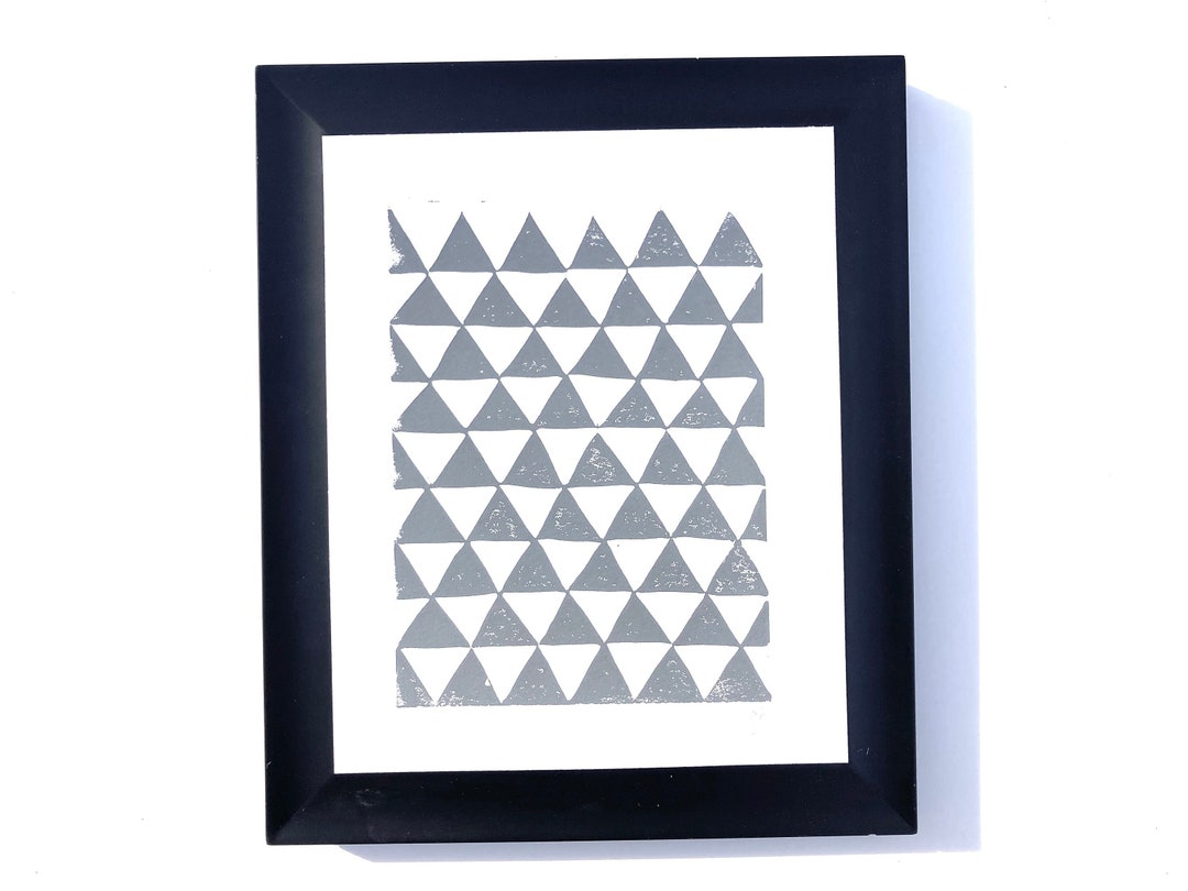 Geometric Triangle Hand-pressed Wall Art - Grey Abstract Linoprint 8x10 ...