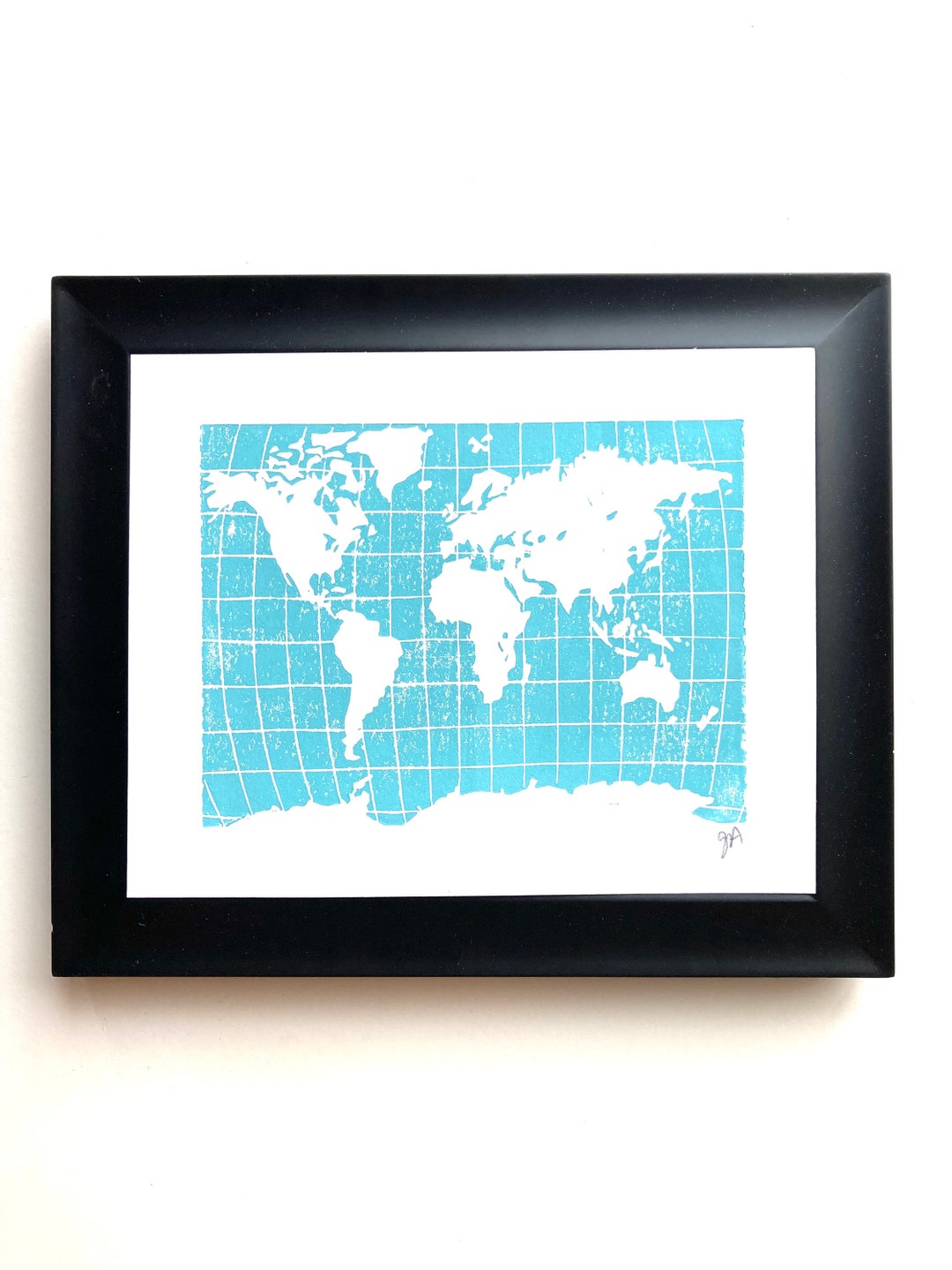 World Map Linocut Relief Print in Light Blue - Hand Carved Linoleum ...