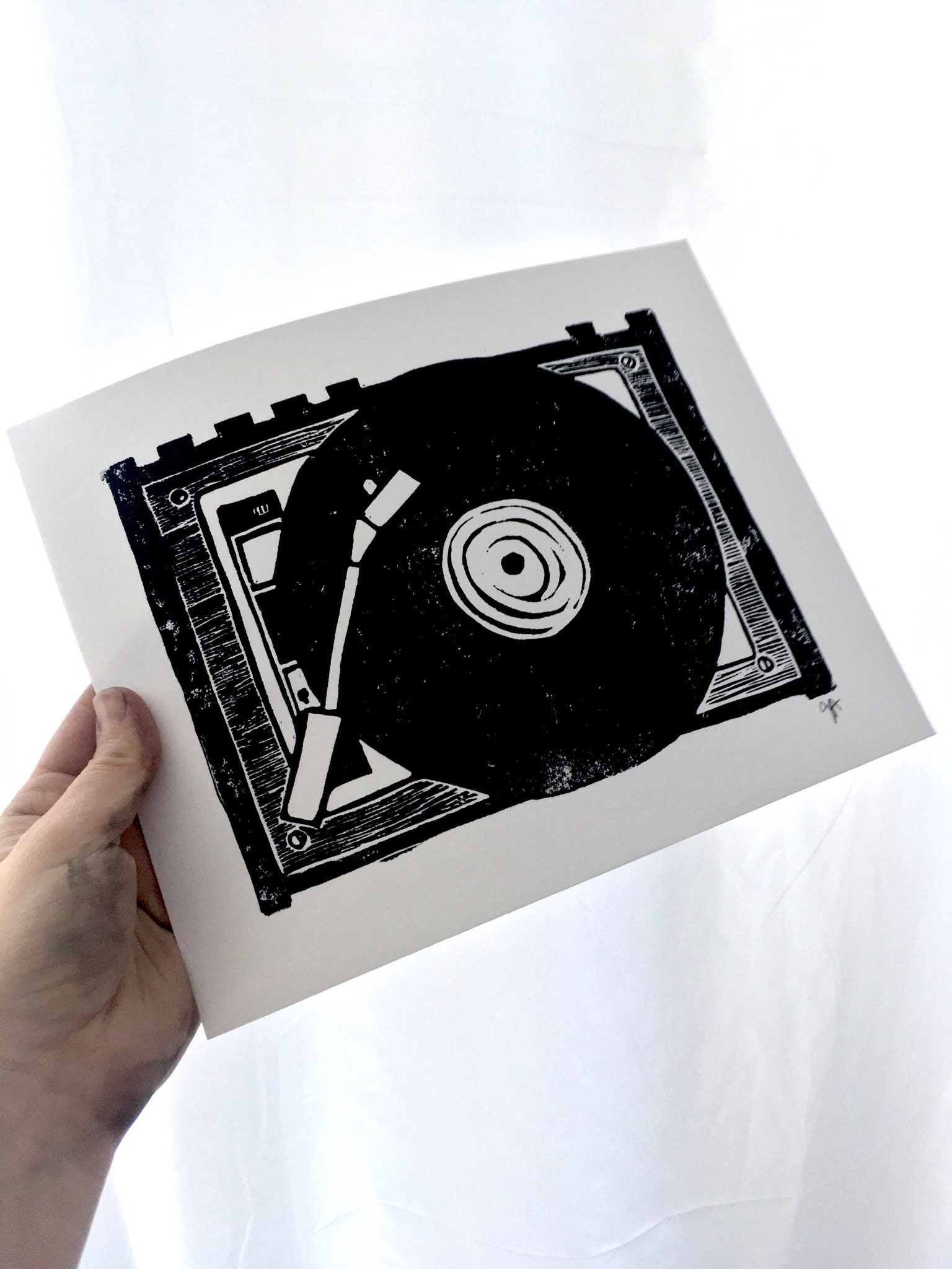 Vintage record player linocut art print Hand-printed | Etsy