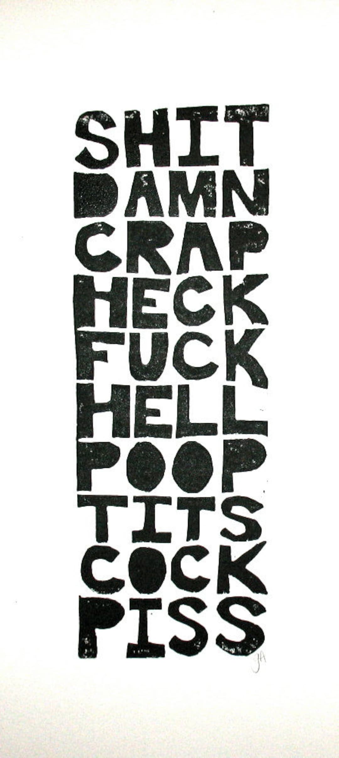 Linocut Print - All the Bad Words - Black Cuss Word Poster 20x10 ...