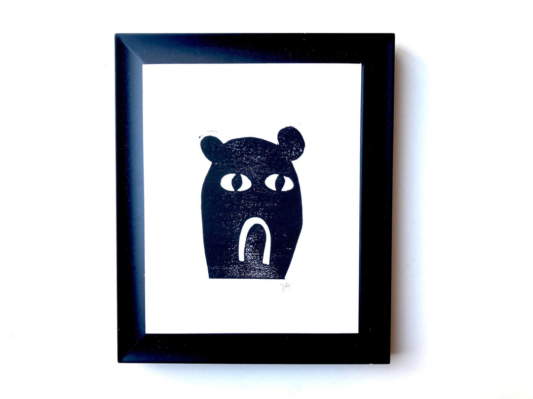 Sad Little Monster Linocut Print - 8x10 Linoleum Block Print in Black ...