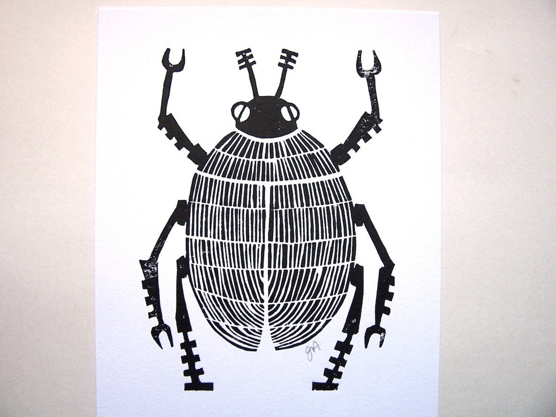 June Bug BLACK 8x10 - Minimal Scarab Linocut Poster - Hand Pulled Print ...