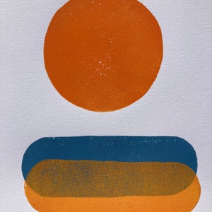 Monoprint - Abstract Multi-color Linocut Relief Blue and Yellow Print ...