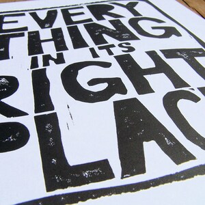 Everything in Its Right Place - Linocut Print in Black - Letterpress ...