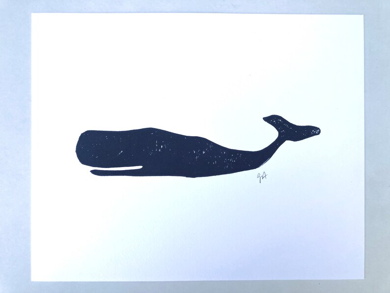 Minimal Dark Blue Whale Linocut Print - Whale Linocut Wall Art 8x10 ...