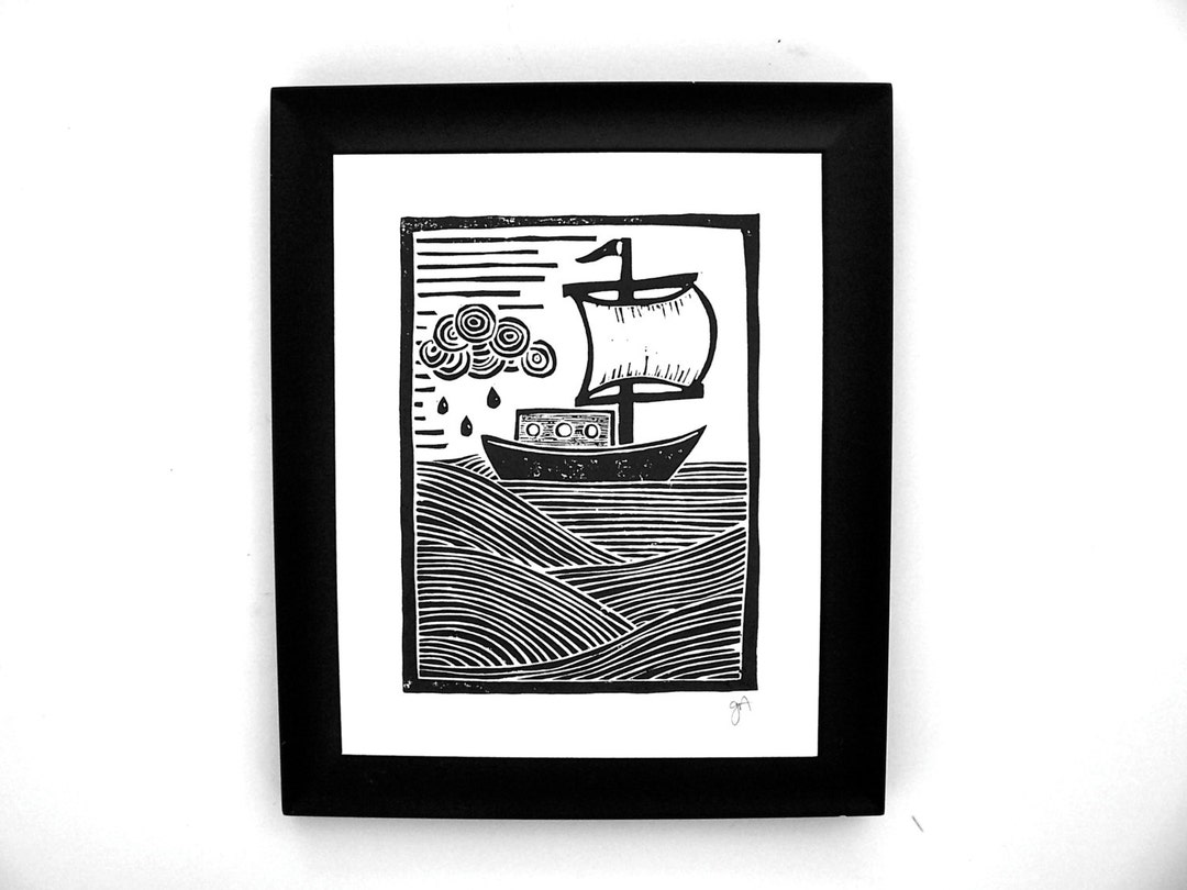 Relief Print - Sailboat Escaping the Ocean Storm BLACK Linoleum Block ...