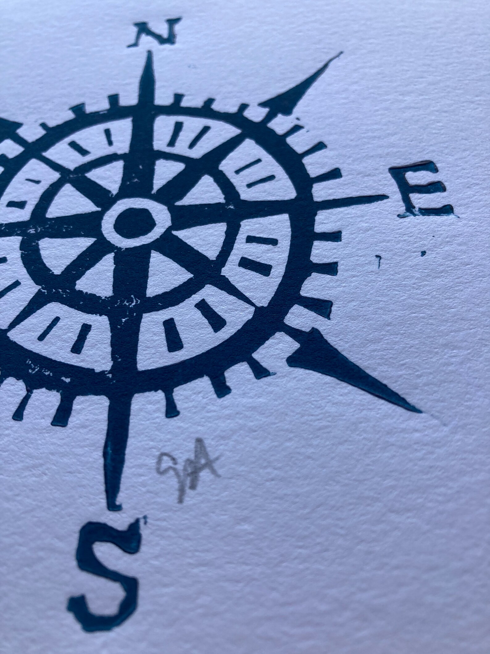 Nautical Compass Linoleum Block Print - 8x10 Hand Pulled Maritime ...