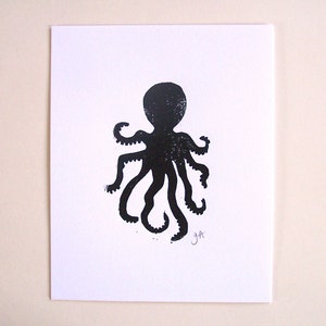 Minimal Black Octopus - Hand Pressed Linocut Poster 8x10 Nautical ...