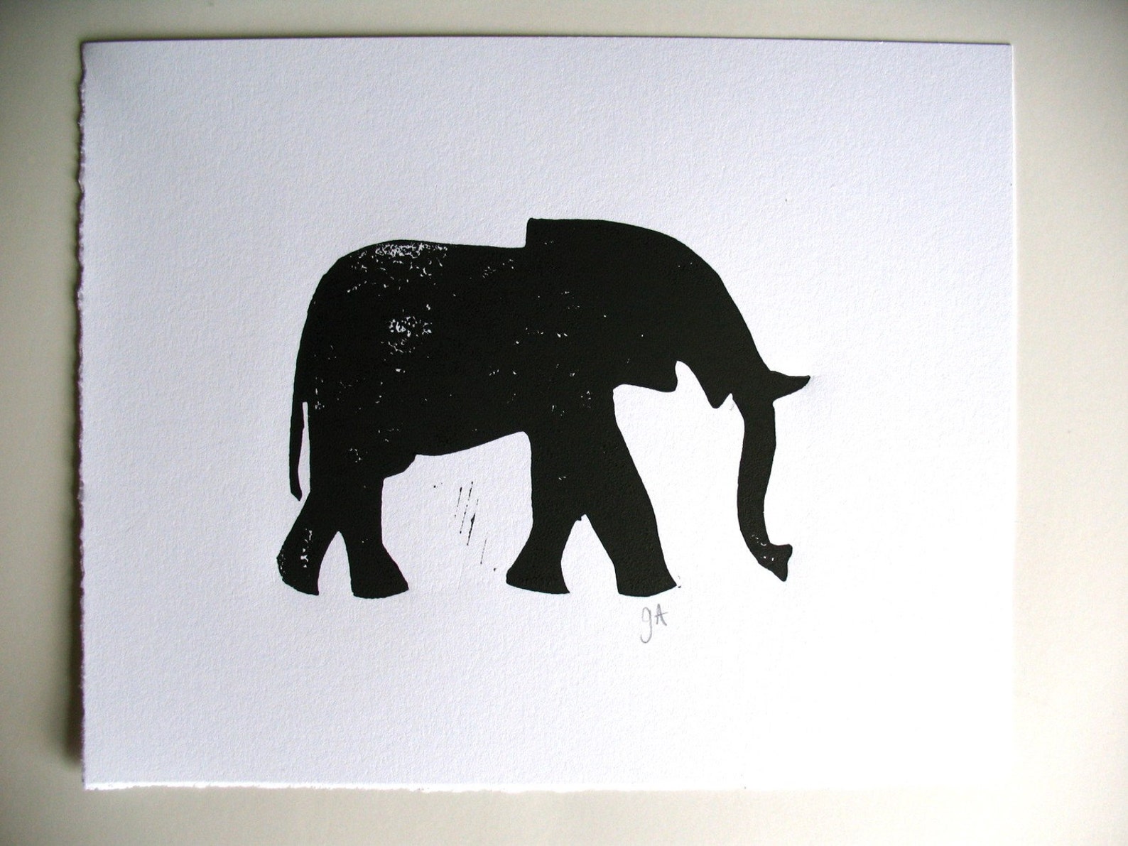 Minimal elephant linocut print Black linoleum block print | Etsy
