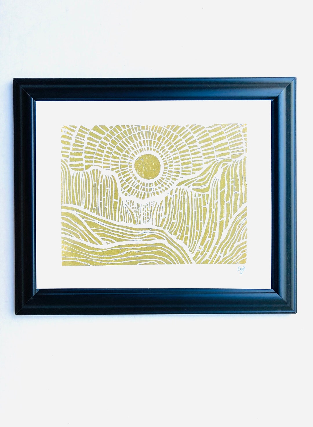 Golden Sunset, Mountains, Waterfall - Hand-pressed Linocut Print - 8x10 Travel Poster - National ...