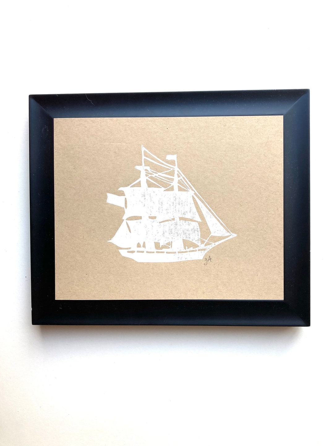 Pirate Ship Linocut Print - White Linoleum Block Print on Kraft Paper ...