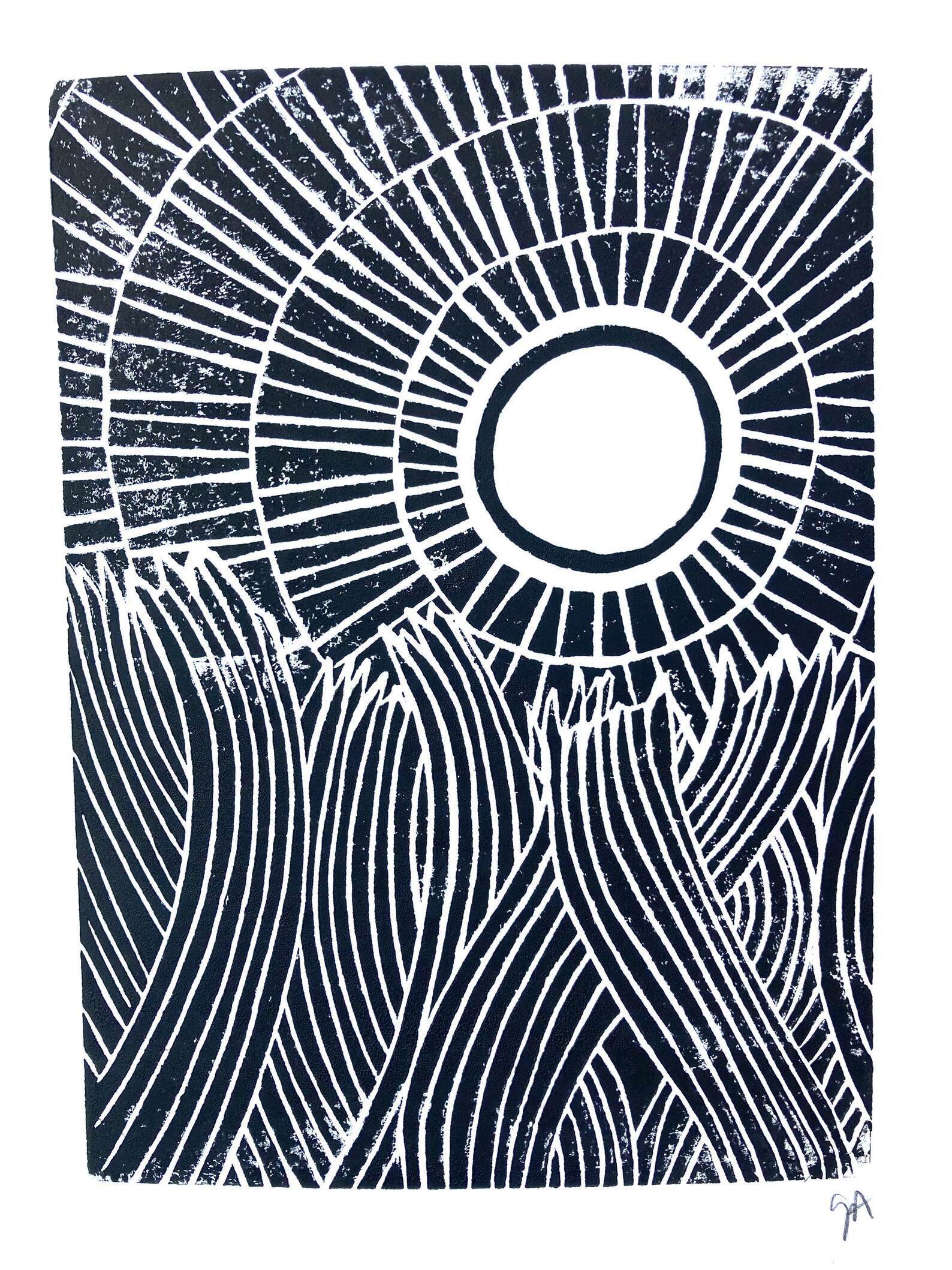 Grass Field Under a Hot Sun - Linocut Relief Print in Black and White ...