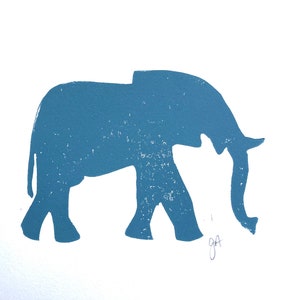 Minimal Elephant Linocut Print - Blue Grey Linoleum Block Print 8x10 ...