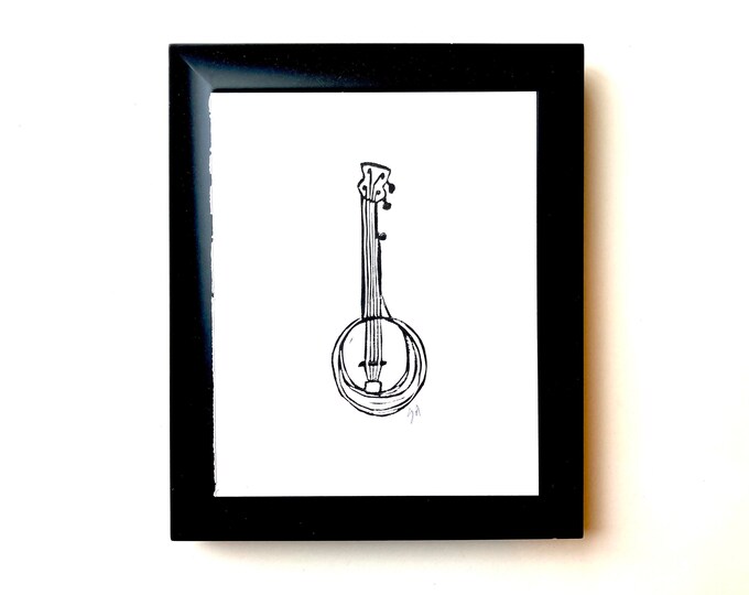 Banjo - Linoleum Block Linocut Print 8x10 - Musical Instrument Poster ...