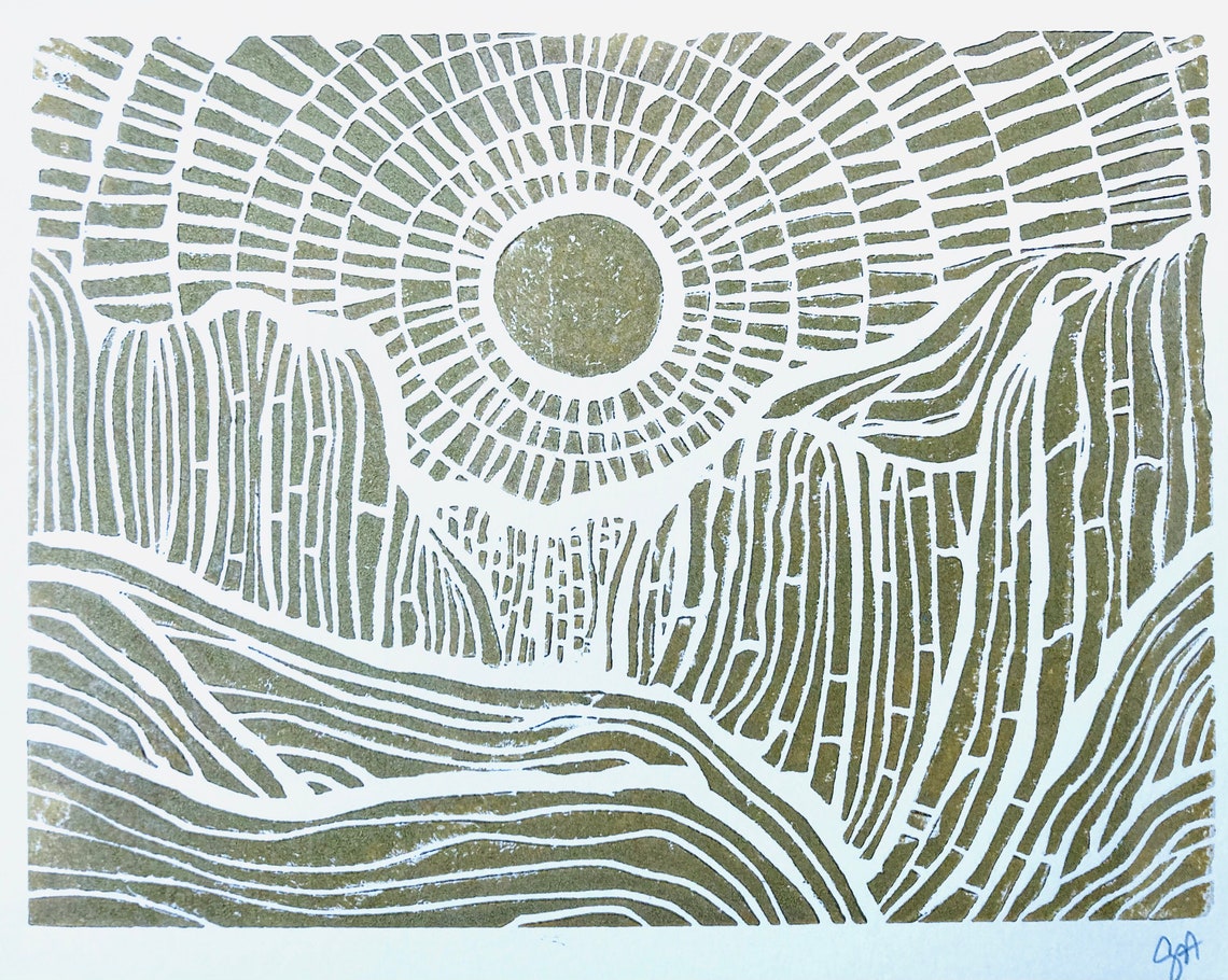 Golden Sunset Mountains Waterfall Hand-pressed Linocut - Etsy