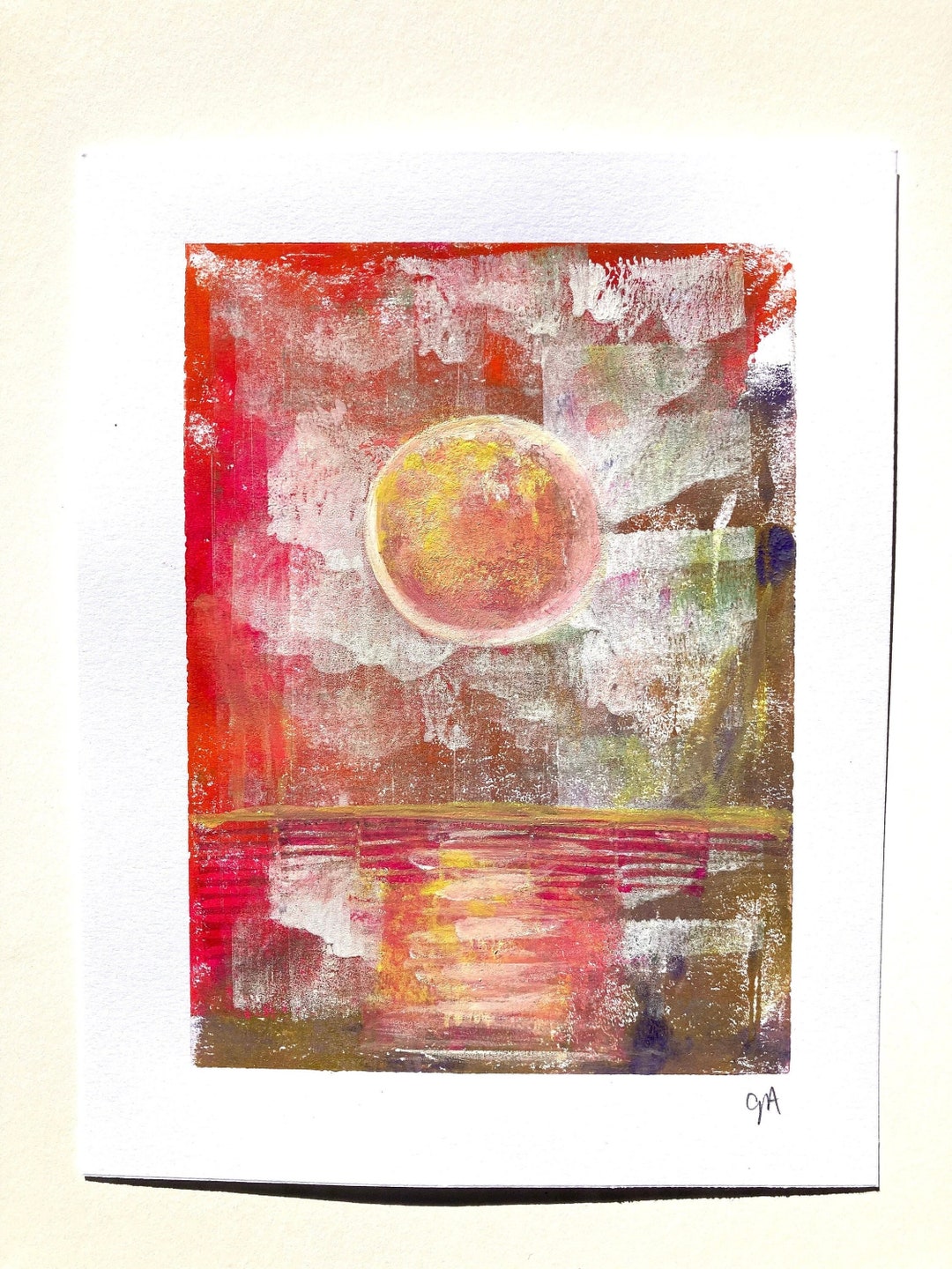 Monoprint - Abstract Multi-color Linocut Relief Print Landscape in Pink ...