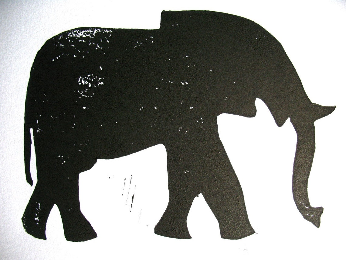 Minimal Elephant Linocut Print Black Linoleum Block Print - Etsy
