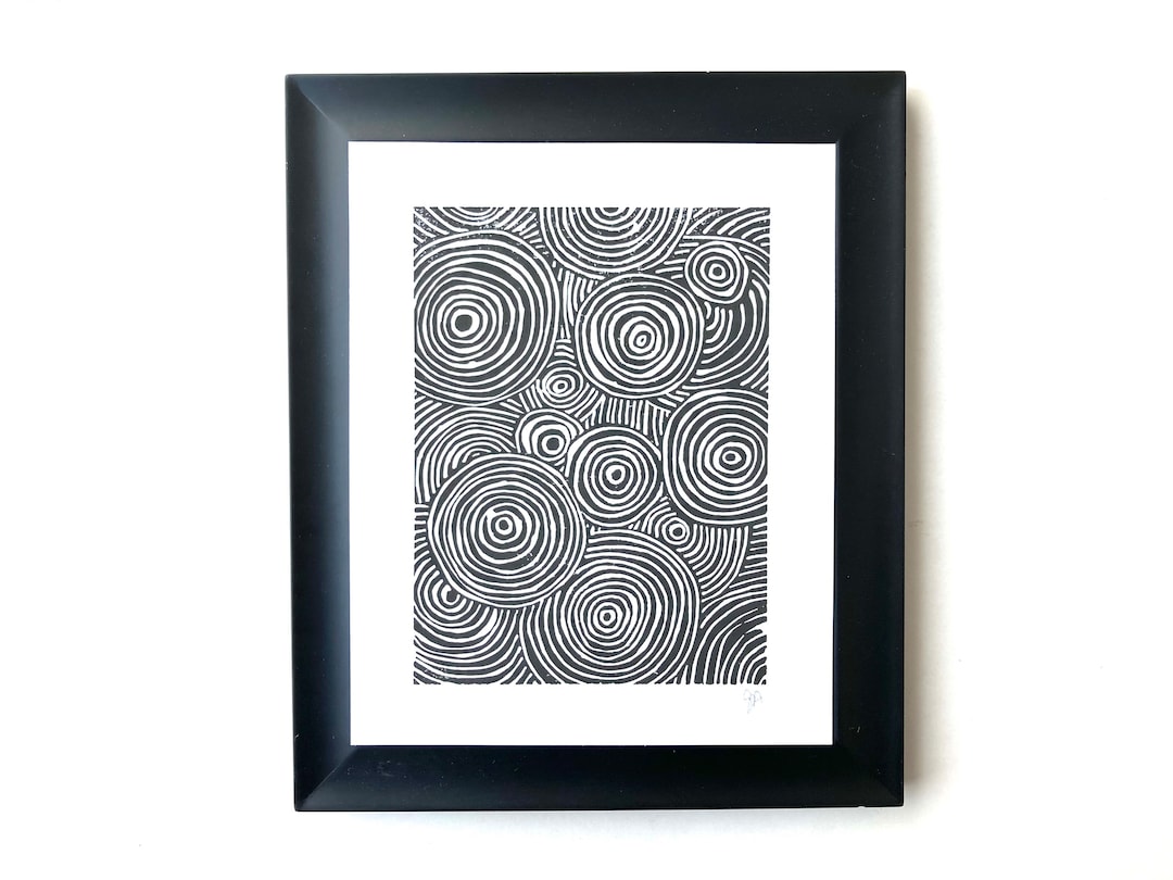 Linocut Relief Print - Geometric Swirls - Abstract Black Circle Rings ...